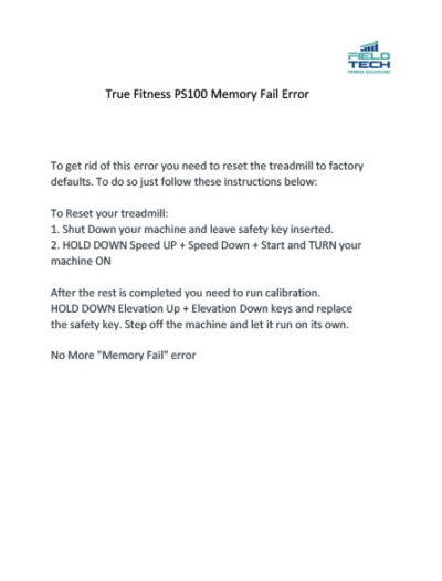 True Fitness PS100 Memory Fail Error - Field Tech Fitness Solutions